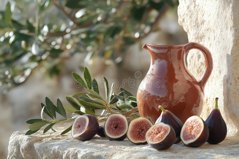 Clay Jug of Fig Juice with Halved Figs and Olive Branches Stock Illustration - Illustration of ...
