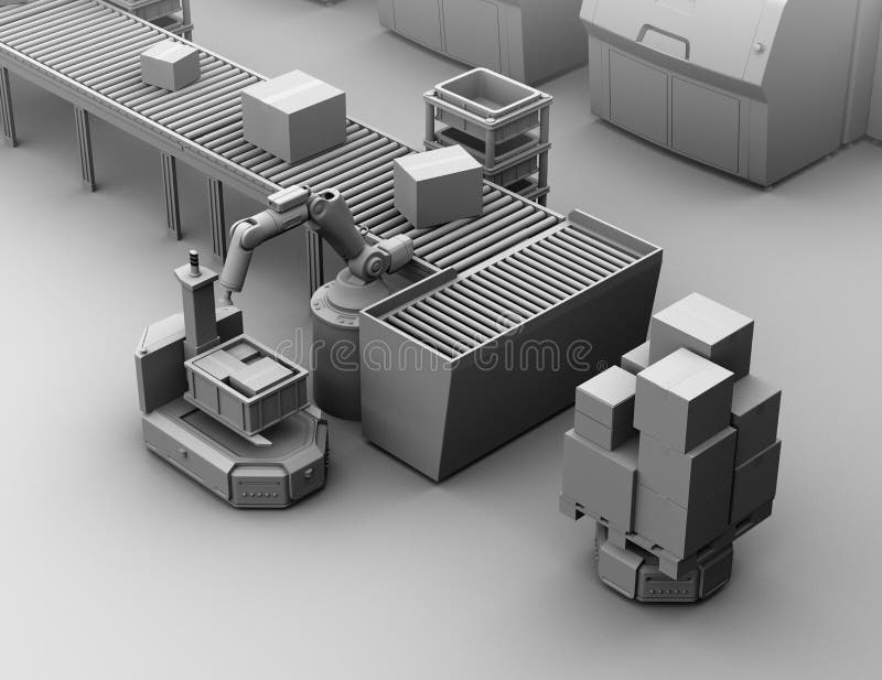 Robotic Arm Picking Parcel from Conveyor To AGV Stock Illustration ...