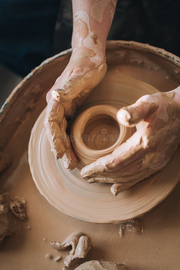 Clay Modeling Hands on a Potter`s Wheel Stock Image - Image of dirty ...