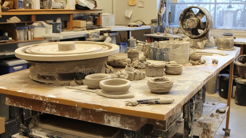 A Clay Modeling Station with Tools, a Spinning Wheel, and Fresh Clay ...