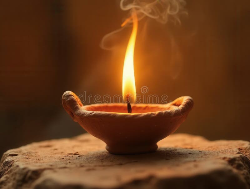 Clay Oil Lamp with Bright Flame and Rising Smoke on Stone Surface Stock ...