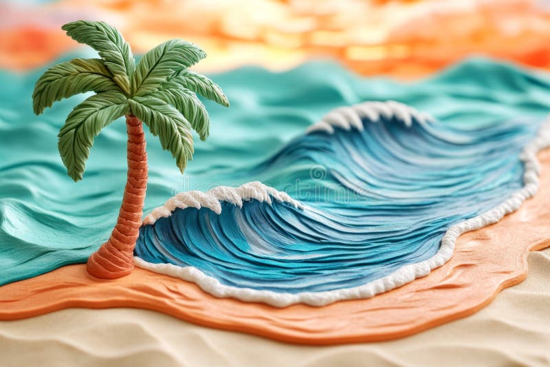 Clay Palm Tree Rising on Idyllic Sandy Beach with Incoming Ocean Wave ...