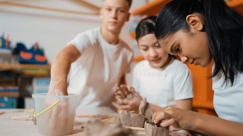 Clay Piece Placed on Table while Diverse Children Modeling Clay ...