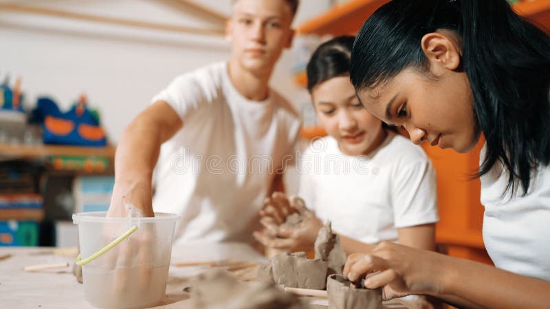 Clay Piece Placed on Table while Diverse Children Modeling Clay ...