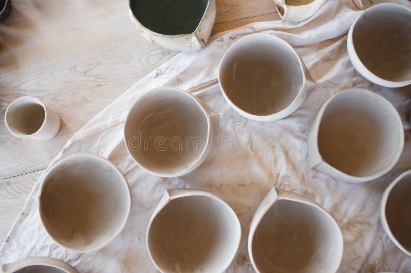 Clay Plates on the Table, Pottery Work. Stock Image - Image of bowl ...