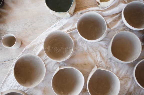 Clay Plates on the Table, Pottery Work. Stock Image - Image of bowl ...