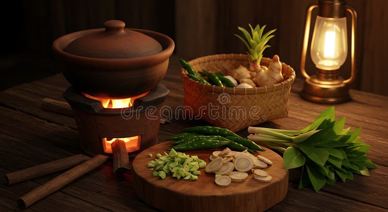 Clay Pot Cooking Scene stock illustration. Illustration of cuisine ...