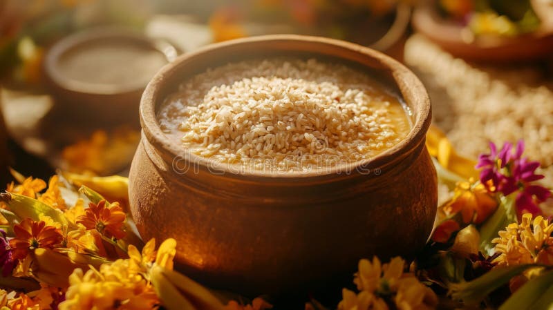 Clay Pot Filled with Rice and Flowers Stock Illustration - Illustration ...