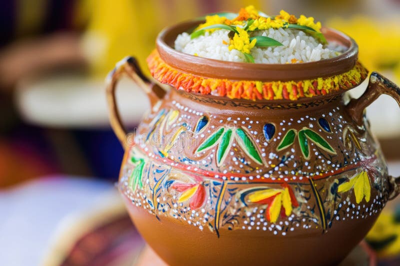 A Clay Pot Filled with Rice Sits on a Table, a Simple Still Life ...