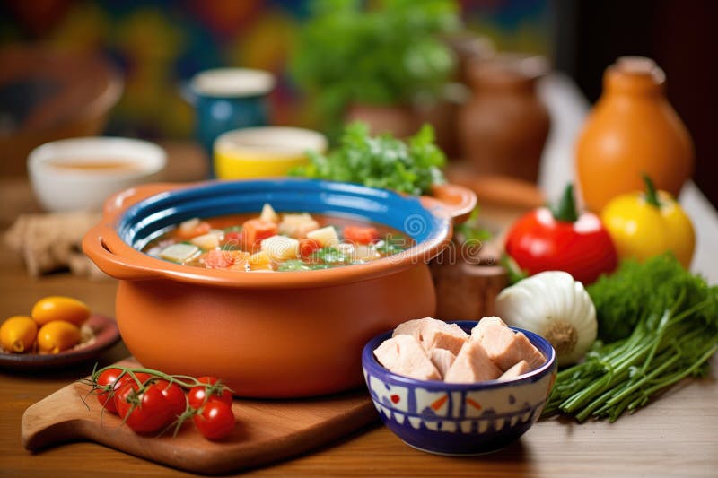 Clay Pot of Goulash Soup beside Ingredient Spread on Table Stock Image ...