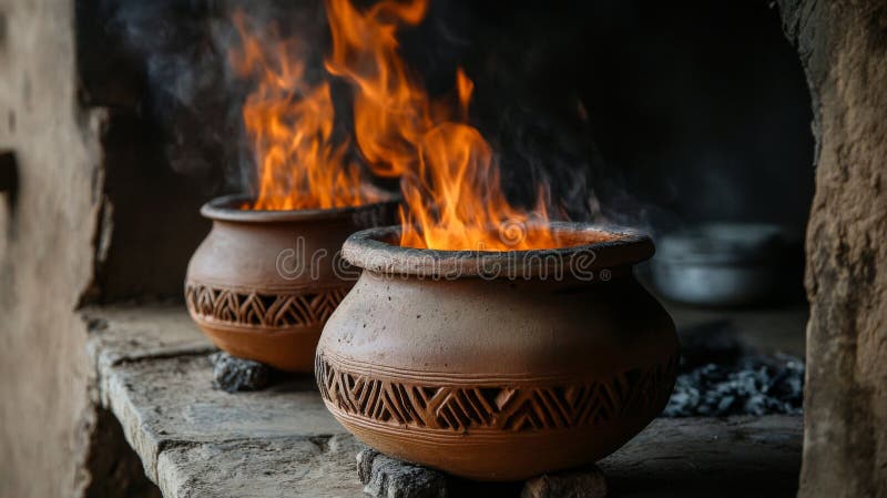 Clay Pots with Fire Burning Inside on a Stone Shelf Stock Illustration ...
