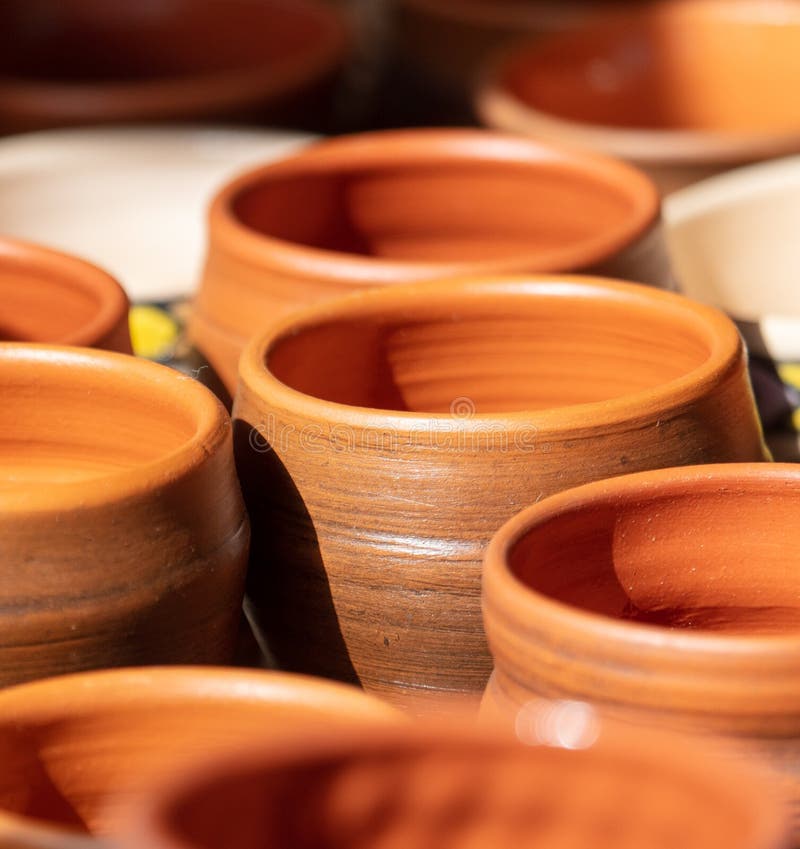 Clay Pots on the Shelf in the Store, Closeup of Photo Stock Photo ...