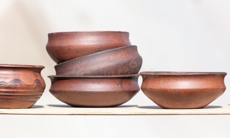 Clay Pots on the Shelf in the Store, Closeup of Photo Stock Image ...