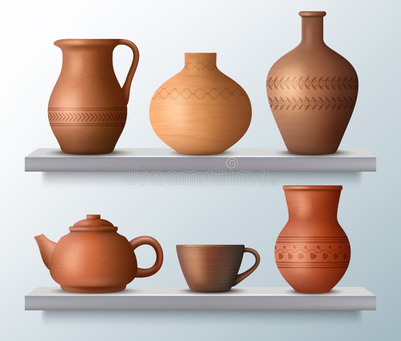 Clay Pots on Shelves. Different Authentic Kitchenware on Kitchen ...