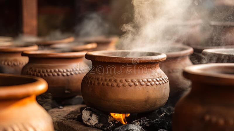 Clay Pots Simmering Over Open Coals at a Market Stall. Stock Image ...