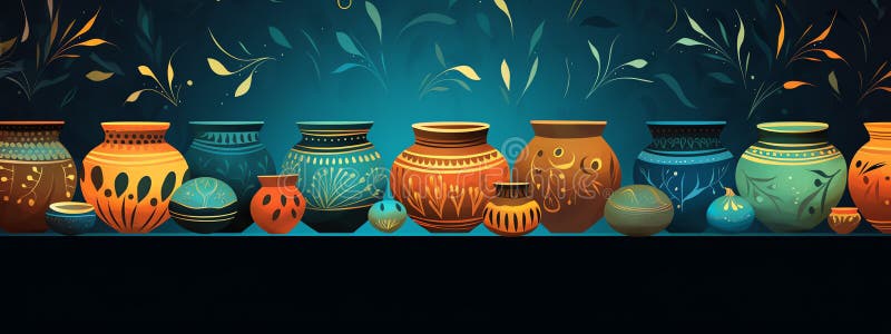 Clay Pots and Vessels Diwali Banner Stock Illustration - Illustration ...