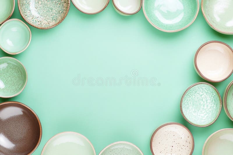 Clay Pottery Objects in Chocolate Brown and Mint Green Arranged on a ...