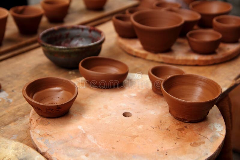 Clay Pottery Potter Handcrafts on Vintage Table Stock Image - Image of ...