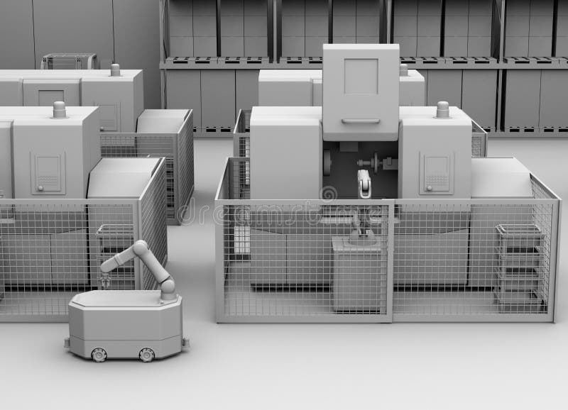 AGV Passing Robot Cell-production Units and CNC Machines Stock ...