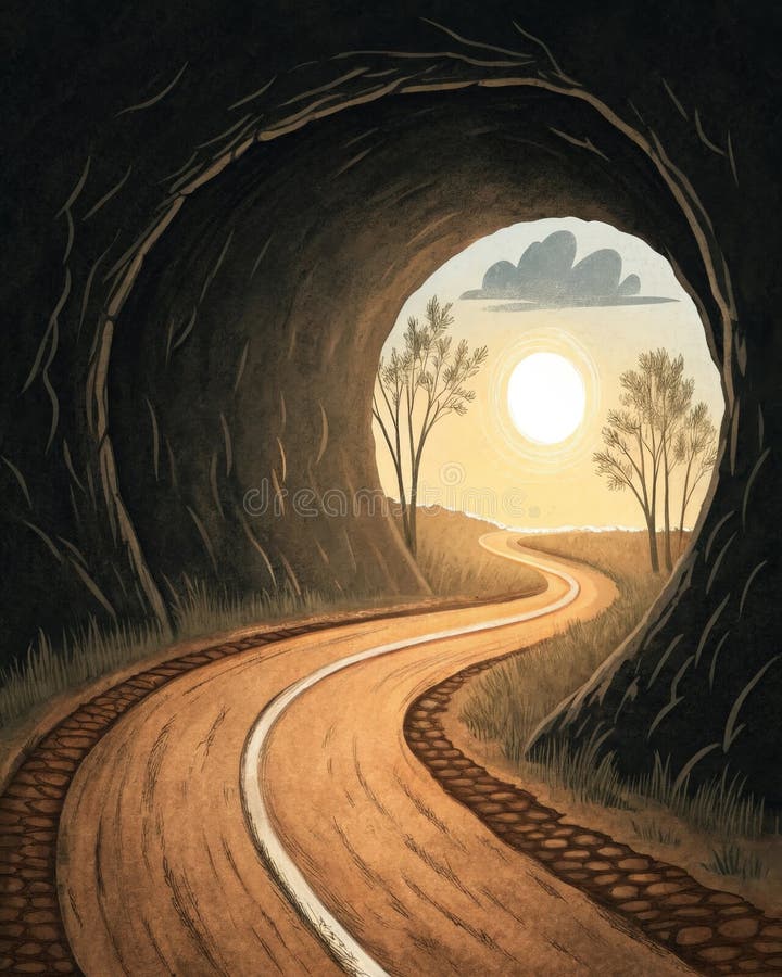 A Clay Road Winding through a Dark Tunnel Gradually Emerging into ...