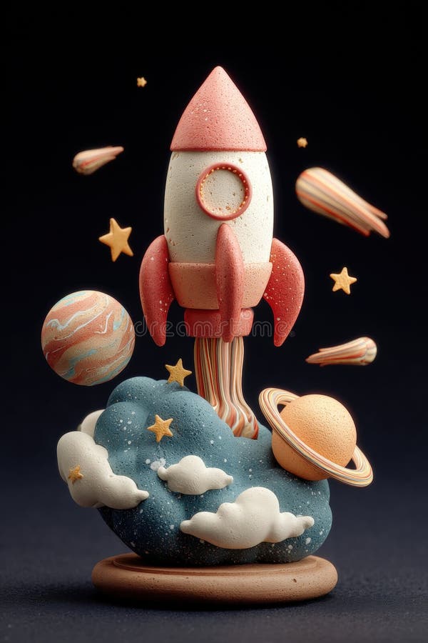 Clay Rocket Orbiting Plasticine Planet with Stars and Comets Stock ...