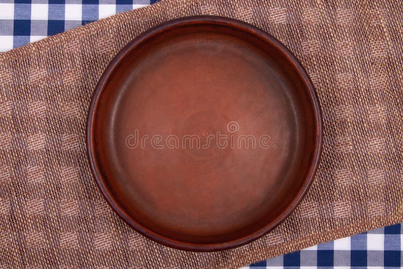 Clay Rustic Plate on Village Table. Top View Stock Image - Image of ...