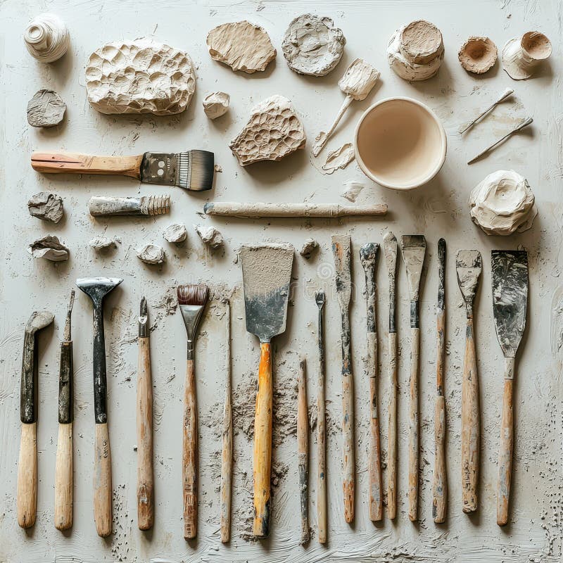 Clay Sculpting Tools and Raw Ceramic Forms in an Organized Layout Stock ...