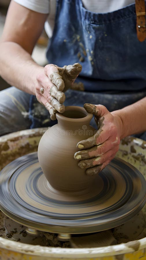 Clay-smeared Hands Molding a Pot on Spinning Wheel, Emphasizing ...