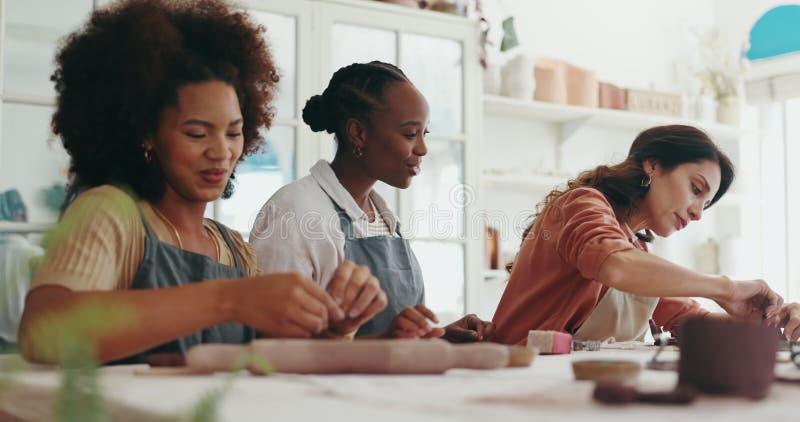 Clay, Team and People in Pottery Workshop Learning Molding Skill for ...