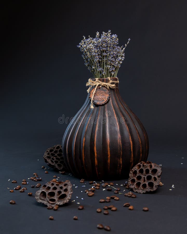 Clay Vase with a Branch. Composition on a Dark Background with Coffee ...