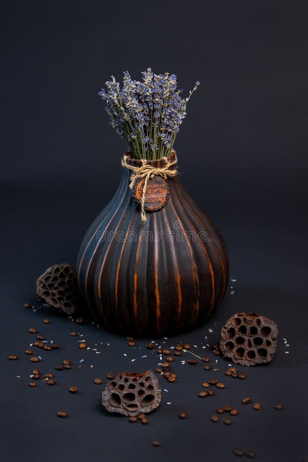 Clay Vase with a Branch. Composition on a Dark Background with Coffee ...