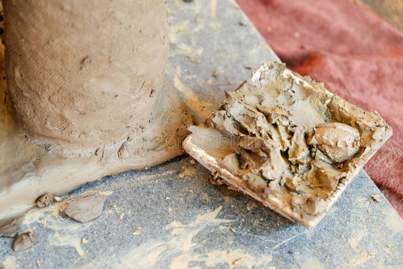 Clay on wooden table stock photo. Image of clay, tools - 254097552