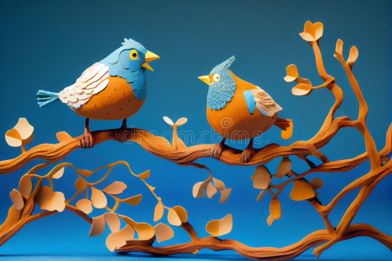 Claymation Style Birds on a Branch Stock Illustration - Illustration of ...