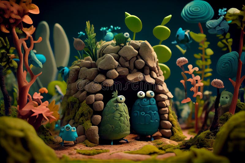 Claymation Style Illustration of Creatures in a Forest Stock ...