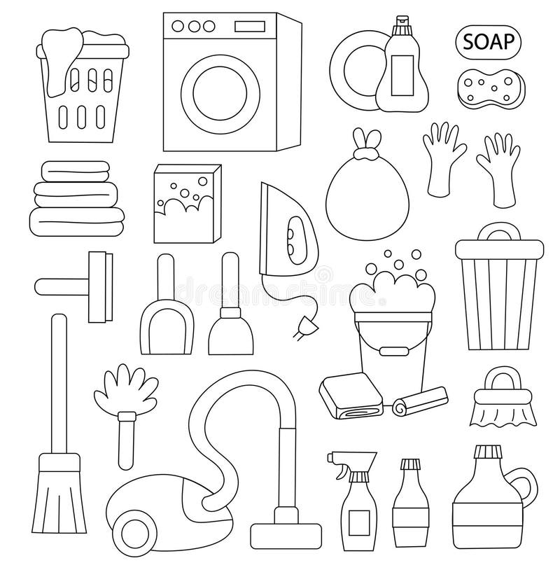 Cleaning Set Elements. Outline Lineart Simple Style. Black and White ...