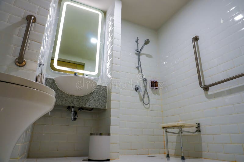 Accessible Bathroom Interior with Shower Seat and Grab Bars Design Stock Image - Image of design ...