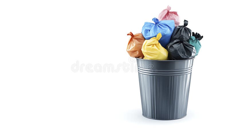 Clean Aluminum Trash Bin with Full Garbage Bag Against White Backdrop ...