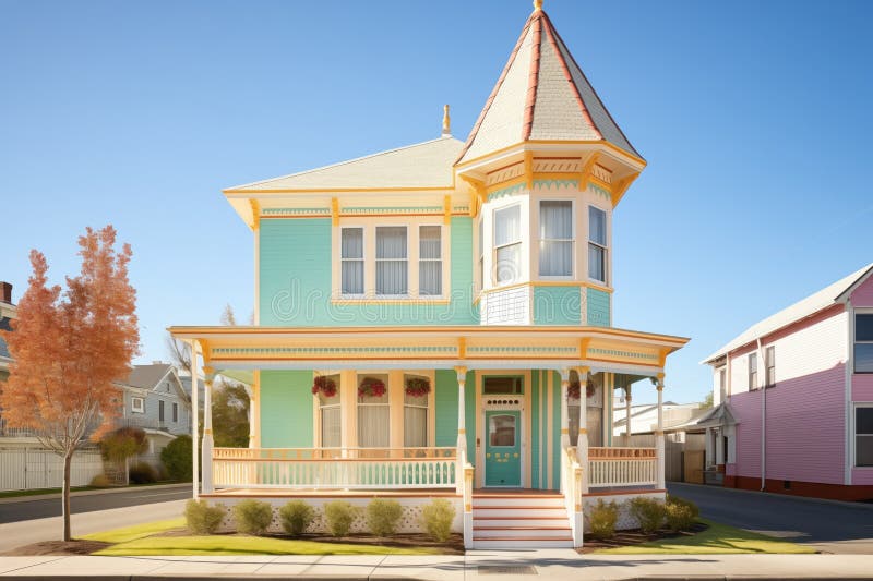Clean, Angled Shot of a Colorful Victorian Corner House Stock Photo ...