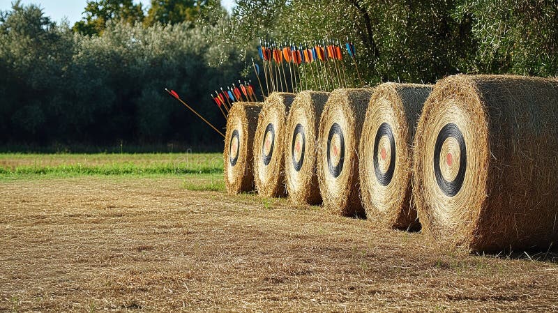 A Clean Archery Range with a Bow, Arrows, and Hay Bale Targets Stock ...