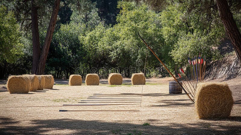 A Clean Archery Range with a Bow, Arrows, and Hay Bale Targets Stock ...
