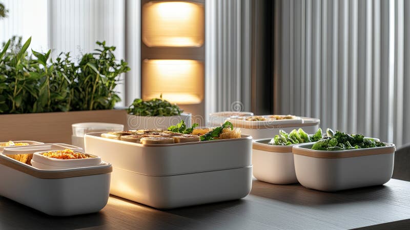 A Clean Arrangement of Food Containers Styled on a Sleek Table with ...
