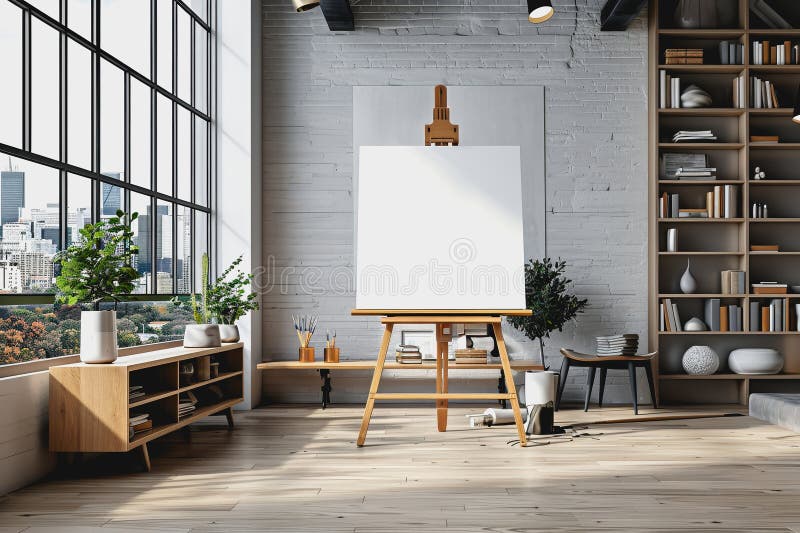 Clean Art Studio with Blank Easel, White Brick Wall, Natural Light ...