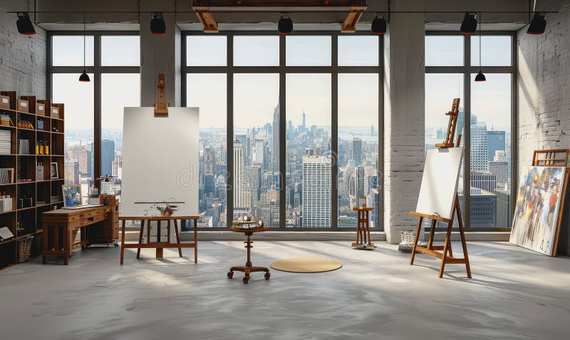 Clean Art Studio with Blank Easel, White Brick Wall, Natural Light ...