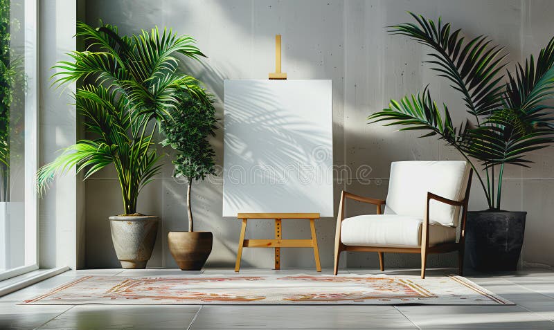 Clean Art Studio with Blank Easel, White Brick Wall, Natural Light ...