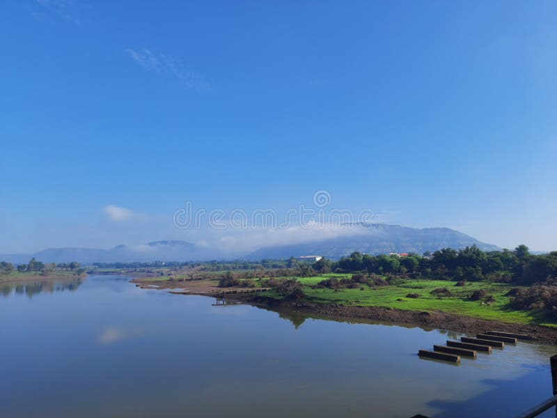 Clean Beautiful River Greenery and High Mountains. Stock Photo - Image ...
