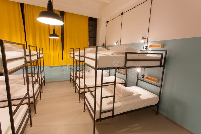 Clean Bedroom without People Inside a Hostel for Youth. Stock Image ...