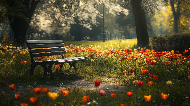 A Clean Bench Placed in a Serene Park Surrounded by Blooming Flowers ...
