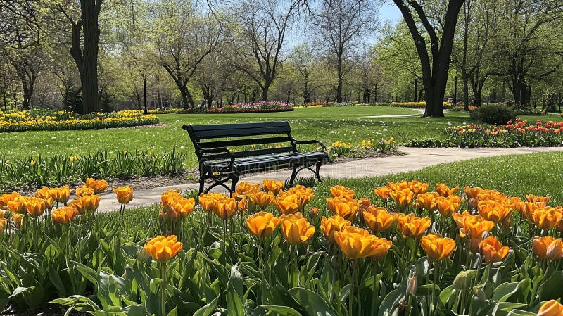 A Clean Bench Placed in a Serene Park Surrounded by Blooming Flowers ...
