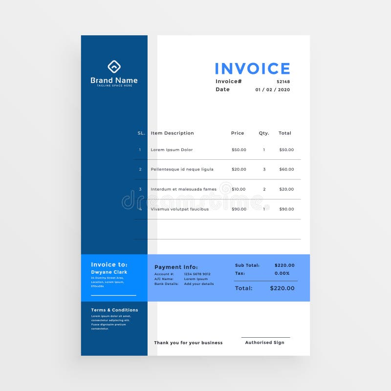 Clean Blue Business Invoice Template Design Stock Vector - Illustration ...