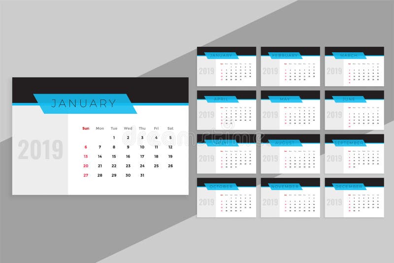 Clean Blue 2019 Calendar Template Stock Vector - Illustration of month ...